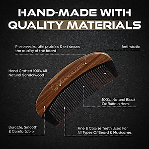 Beardilizer Beard Comb - 100% Natural Black Ox Buffalo Horn & Sandalwood Handle