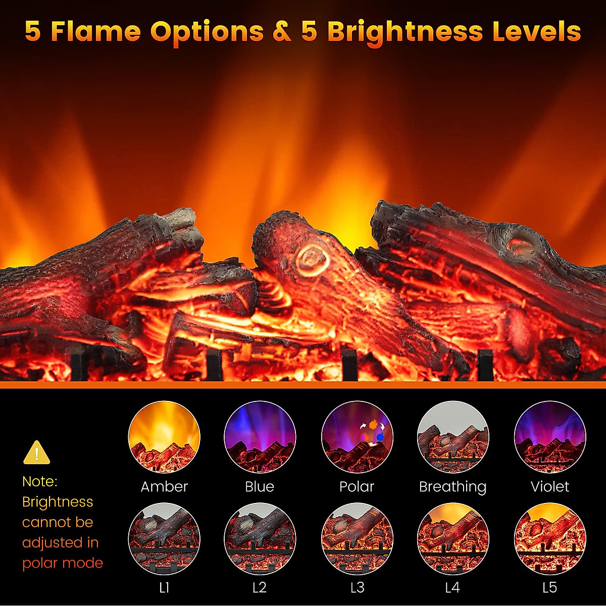 Tangkula 26” Electric Fireplace Log Set Heater with Remote, 5 Flame Modes & Brightness, Thermostat Control, 8H Timer, Realistic Lemonwood Ember Bed, Infrared Quartz Electric Fireplace Insert, 1500W