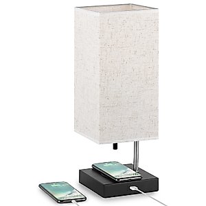 JS NOVA JUNS Table Lamp with USB Port, Wireless Charging Bedside Lamp with Flaxen Fabric Shade, Modern Nightstand Lamp Perfect for Bedroom, Living Room, Study Room, Office
