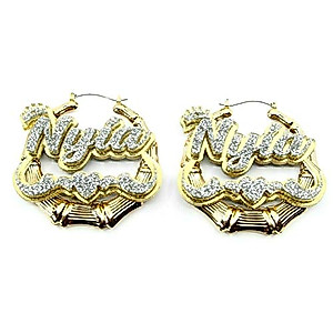 Personalized Custom Gold Hoop Bamboo Earrings Name Plate Laser Cut Design Stunning Look - Quality, Attractive Gold Hoop Earrings With Swirls Heart and Crown on Top, Made To Order - 2.5 INCHES size