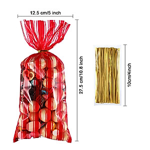 100 Pieces Plastic Circus Carnival Party Treat Bags Red and White Stripe Printed Clear Cellophane Carnival Party Cookie Candy Goody Treat Bags with 100 Gold Twist Ties for Circus Carnival Party Favor