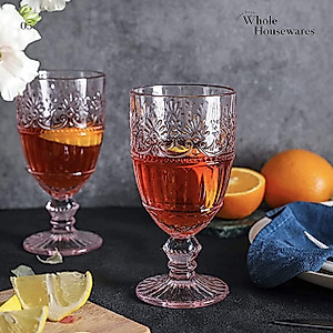 WHOLE HOUSEWARES | Pink Coloured Glass Goblet | Set of 6 Vintage Drinking Glasses | 11.5 oz Embossed Design | Wedding, Party Wine Glasses Set of 6 (Pink)