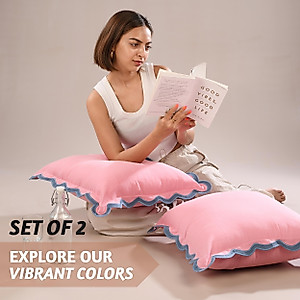 Folkulture Throw Pillow Covers 18x18, Set of 2 Cotton Scallop Pillow Cover, Decorative Pillows for Living Room, Cute Outdoor Pillows, Summer Throw Pillows Standard Size, Pink Throw Pillows for Couch