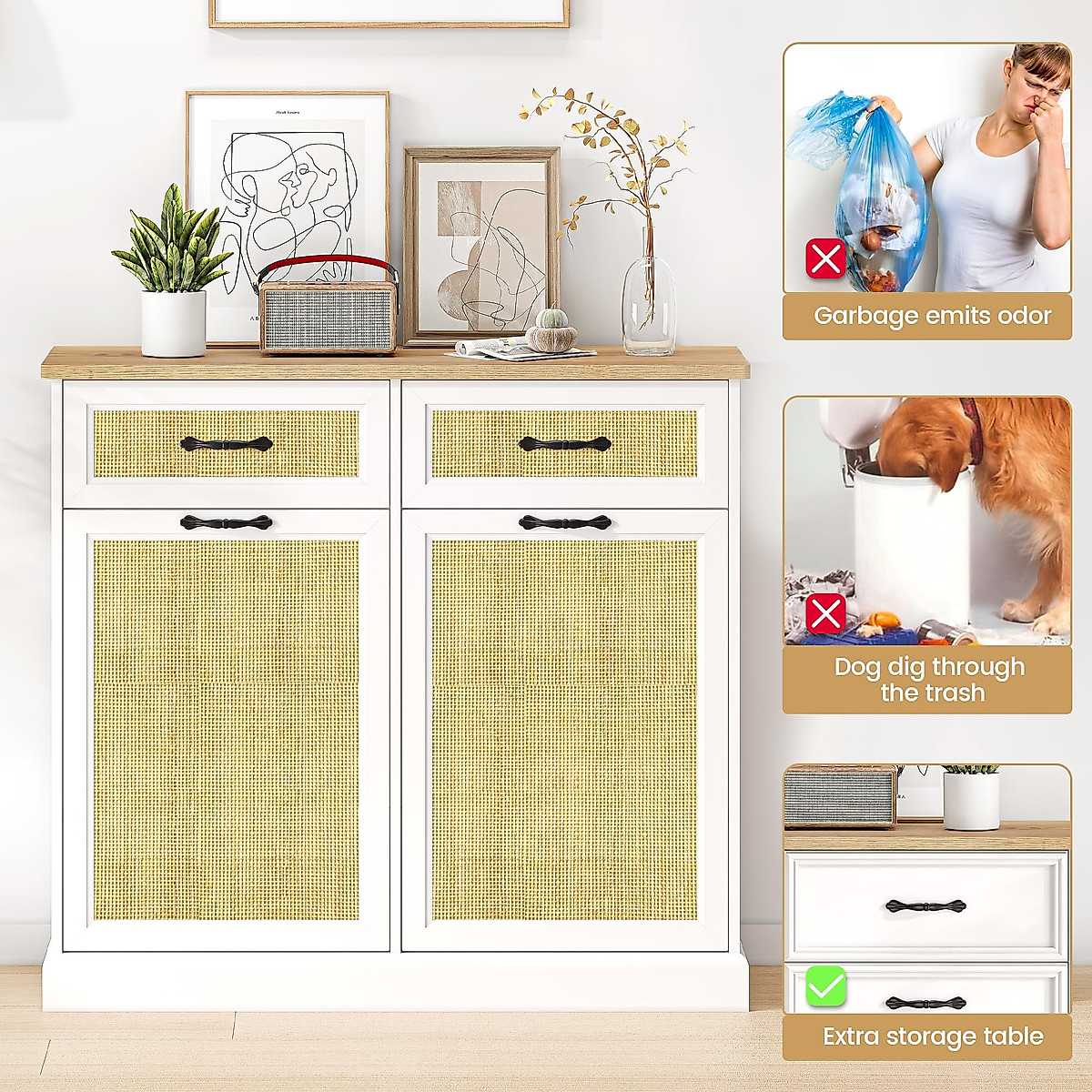 IDEALHOUSE Double Tilt Out Trash Cabinet with Natural Rattan, Hidden Trash Can Cabinet 10 Gallon Storage Holder, Freestanding Garbage Bin Cabinet for Kitchen Dining Living Room