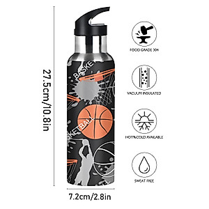 Basketball Football Sports Kids Water Bottle Thermos with Straw School Vacuum Insulated Stainless Steel Thermos Bottle Cup Leakproof Sport Travel Cup Mug Handle for Boys Man Women 20 OZ