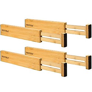 Secura 𝗕𝗮𝗺𝗯𝗼𝗼 𝗗𝗿𝗮𝘄𝗲𝗿 𝗗𝗶𝘃𝗶𝗱𝗲𝗿𝘀 𝗢𝗿𝗴𝗮𝗻𝗶𝘇𝗲𝗿 4-Pack, 𝗔𝗱𝗷𝘂𝘀𝘁𝗮𝗯𝗹𝗲 Drawer Separators Expandable from 12.0-17.1 inches for Kitchen, Office, Bathroom, Closet, Dresser