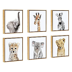 Kate and Laurel Sylvie Safari Animal Collection Framed Canvas Wall Art by Amy Peterson Art Studio, Set of 6, 13x13 Natural, Decorative Animal Art for Wall