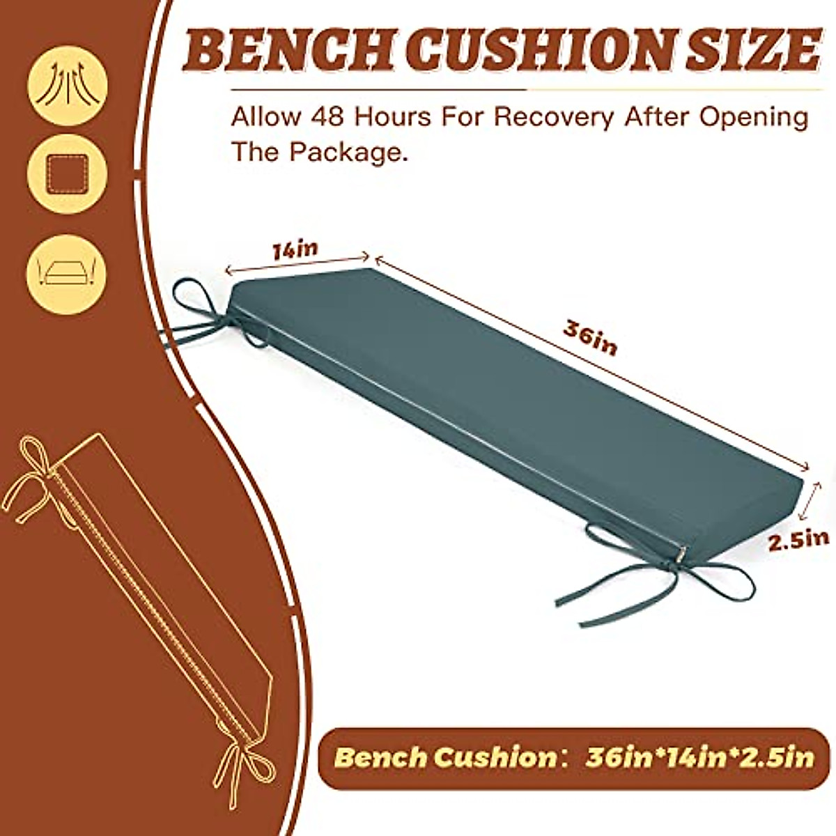 Bench Cushions.36x14 Inches Spill-Resistant Bench Cushion Is Suitable for Patio Benches, Patio Sofas, Garden Benches. Comes with 2 Tie Straps for Easy Removal for Cleaning. (36x14x2.5, Anthracite)