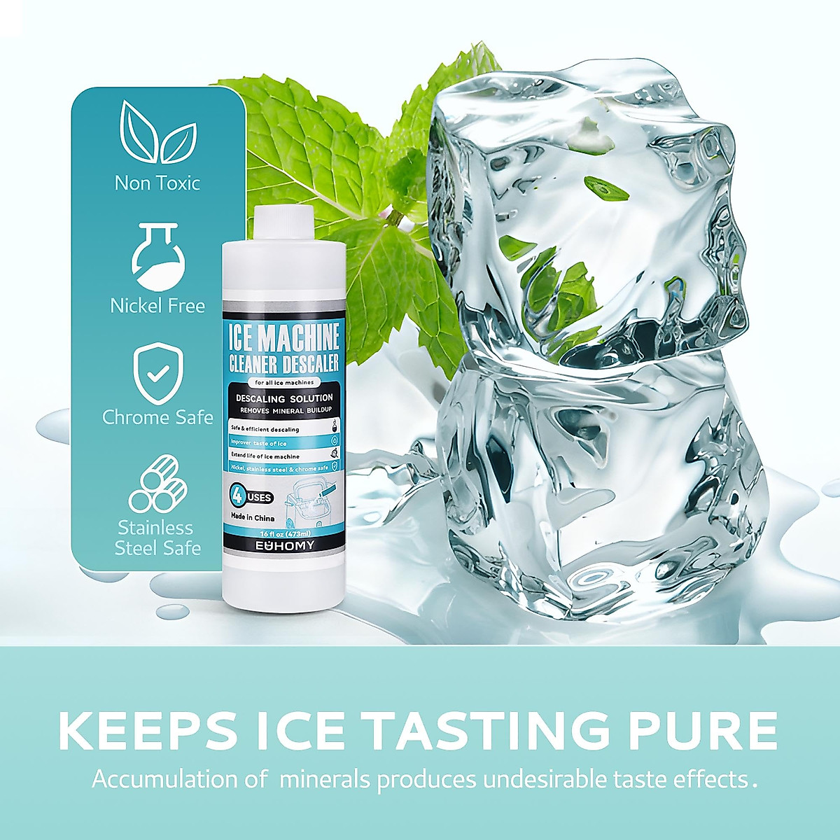 EUHOMY Ice Machine Cleaner Descaler, 32 Fl OZ Ice Maker Cleaner (8 Uses), Ideal Universal Descaling Solution for All Brands Ice Maker, Single Use Coffee and Espresso Machines (2 Bottles)