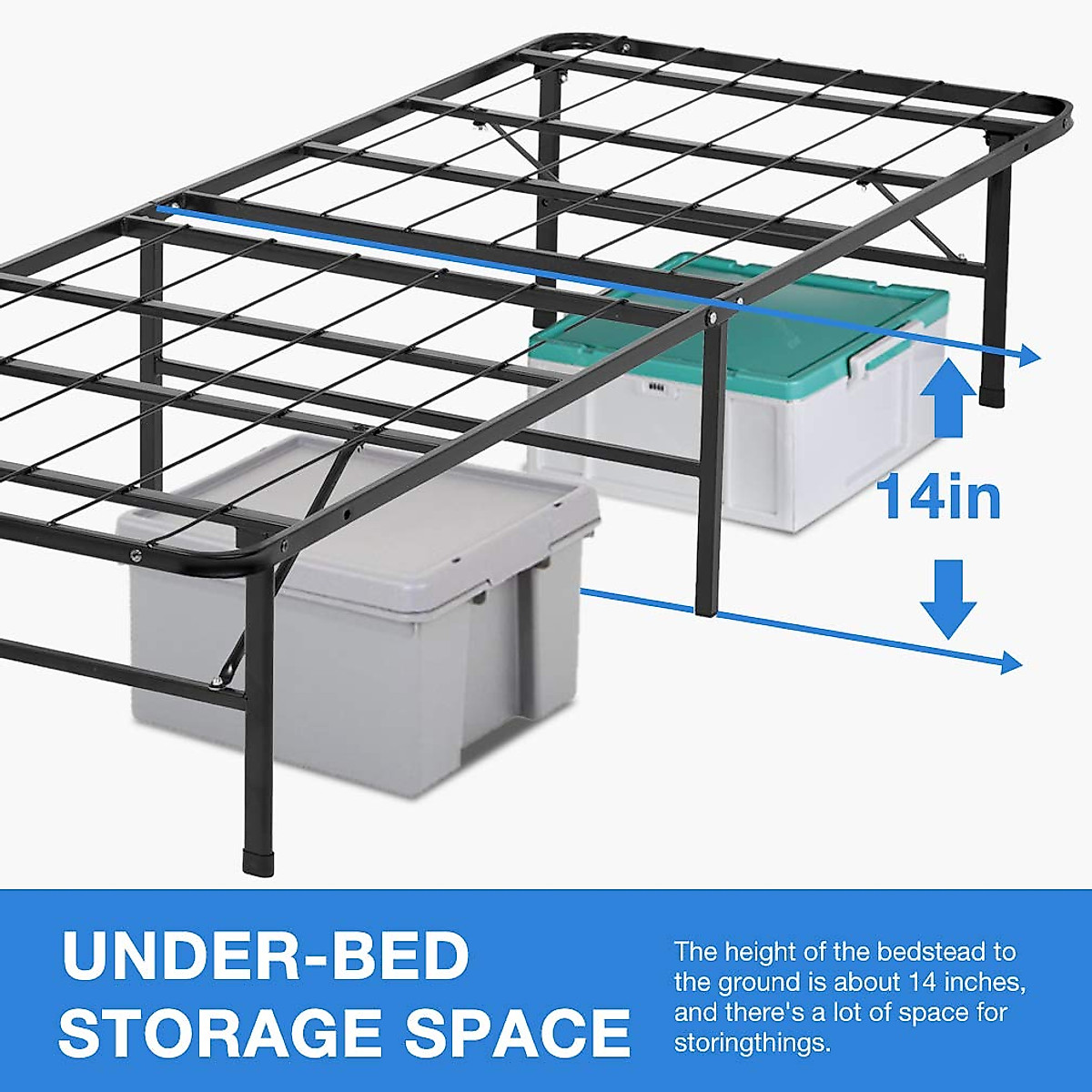 Black Metal Bed Frame Platform Twin Size 14 Inch Heavy Duty Steel Box Spring Mattress Foundation with Storage