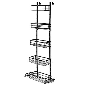 PINPON Over the Door Shower Caddy 5-tier Adjustable Hanging Shower Organizer with 8 Hooks Extra Large Metal Rustproof Bathroom Shelves Rack with 2 Detachable Soap Holder(Black)