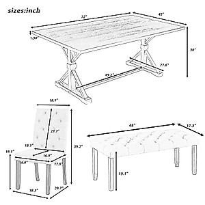 LZ LEISURE ZONE Dining Table Set for 6, Kitchen Table Sets, 6-Piece Farmhouse Dining Table Set, 72" Wood Rectangular Table, 4 Upholstered Chairs with Bench, Walnut