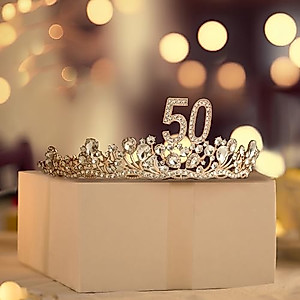 SWEETV 50th Birthday Crown Tiara Sash for Women Rose Gold Birthday Queen Sash and Tiara Crown Set Rhinestone Princess Headband for Birth Day Party Photograph, for Ages 15+