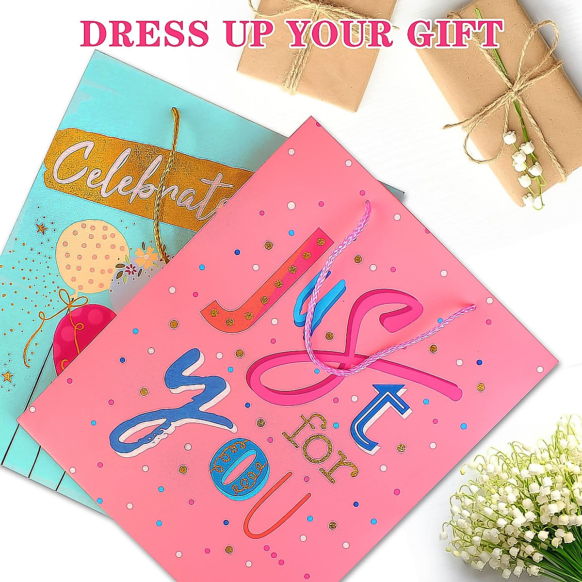 Gift Bag Large Gift Bags Set,12.5"Birthday Gift Bag for Girls Women,2 Pack Paper Gift Bags with Tissue Paper,Variety Green Pink Gift Bag Present Bags Big Gift Bag Birthday Bags with Handle,Gift Wrap Bags for Birthday Patry,Anniversary,Wedding,Valentine's