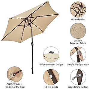 Tangkula 9FT Solar Powered LED Lighted Patio Umbrella, Table Market Umbrella with Tilt and Crank, Outdoor Umbrella with 6 Sturdy Ribs for Garden, Deck, Backyard & Pool (Beige)