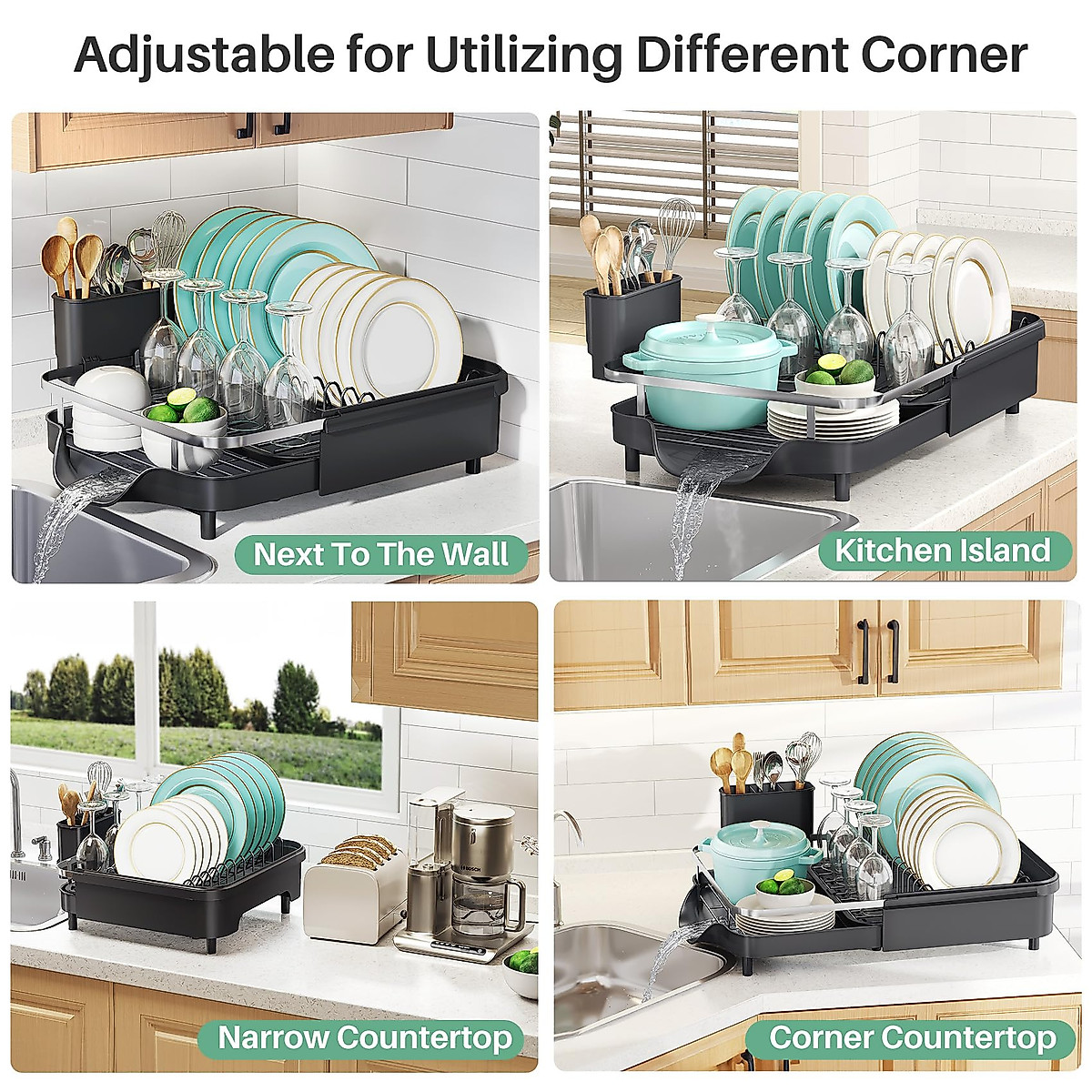 Dish Drying Rack - Extendable Dish Rack for Kitchen Counter, Saving Countertop Space Dish Drainer, Stainless Steel Kitchen Drying Rack with Cutlery Holder, 22.1''L x 12.8''W (Black)