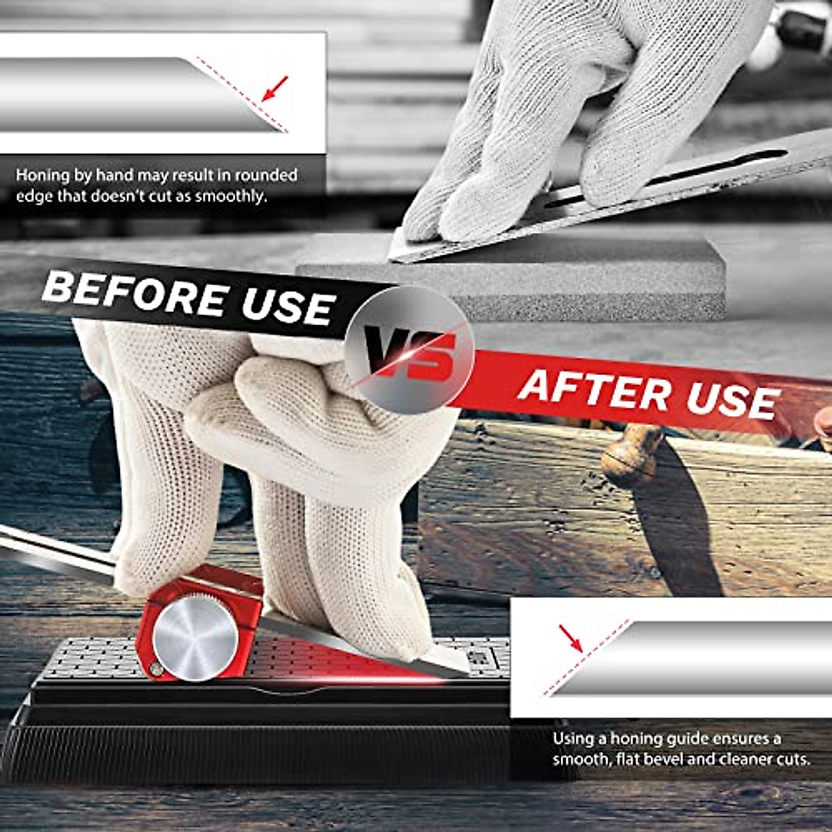 Saker Honing Guide with Whetstone - Red Off-Center Upgraded Honing Tool and Diamond Sharpening Stone Set Kit for Knife, Short Chisels and Planes, Fine/Coarse Plate, 400/1000/Grit, (X39819)