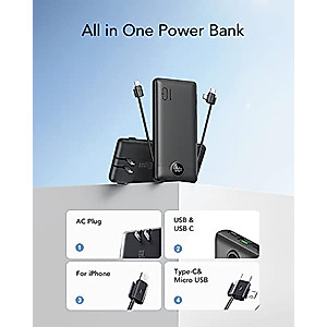 Power Bank with Built in Cables 10000mAh, PD3.0 & QC3.0 22.5W USB C Fast Charging Portable Charger Built in AC Wall Plug, Ultra Slim Battery Charger Compatible with iPhone/Samsung Note10/S20 S21 S22