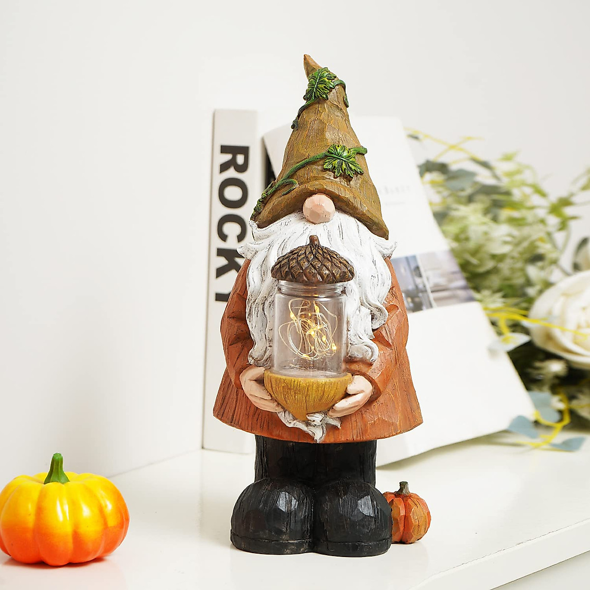 Topadorn Fall Garden Gnome Statue,Autumn Gnome Figurine with Fruit Grape Light on Hand for Fall, Thanksgiving House, Lawn Decor