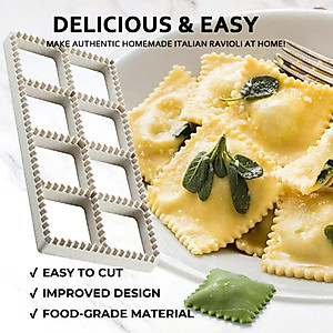 MUMSUNG Ravioli Maker Press, Ravioli Press Mold Set - 1.85" Squares Ravioli Stamp Maker Cutter with Wood Rolling Pin, 2.6" Empanada Maker Press Kit and Ravioli Wheel, Makes 8 Ravioli