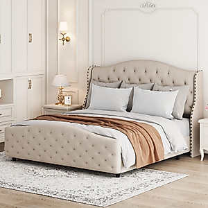 Amyove Tufted Upholstered Platform King Bed Frame with Headboard and Footboard, Velvet Platform Bed Raised Wing Back Headboard (Beige, King)