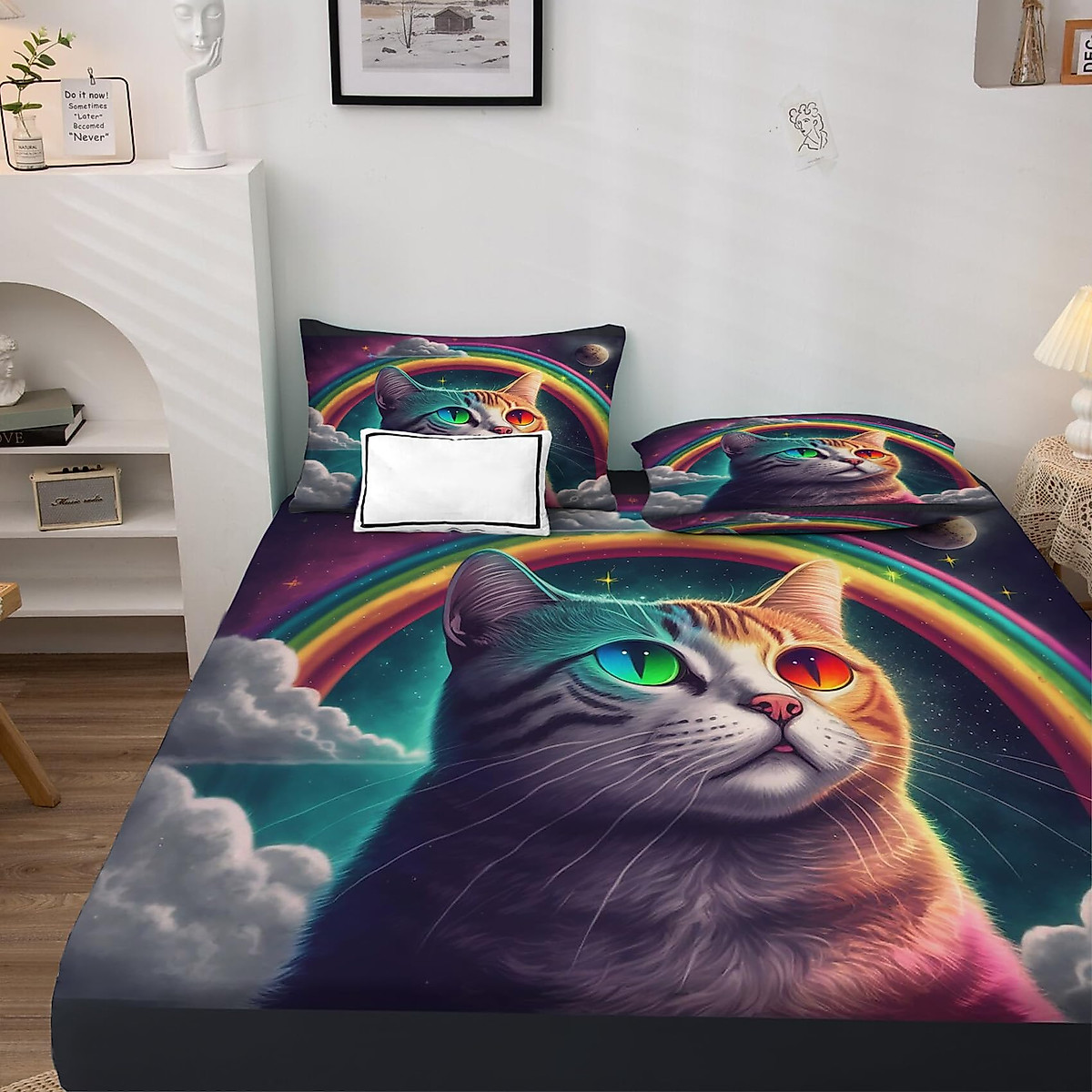 Cat Sheets Full Size, Rainbow Bed Sheets, Patterned Bedding Sheets & Pillowcases 4 Piece Set - Soft Microfiber Deep Pocket Fitted Sheet & Flat Sheet & 2 Pillow Cases 3Q&-184