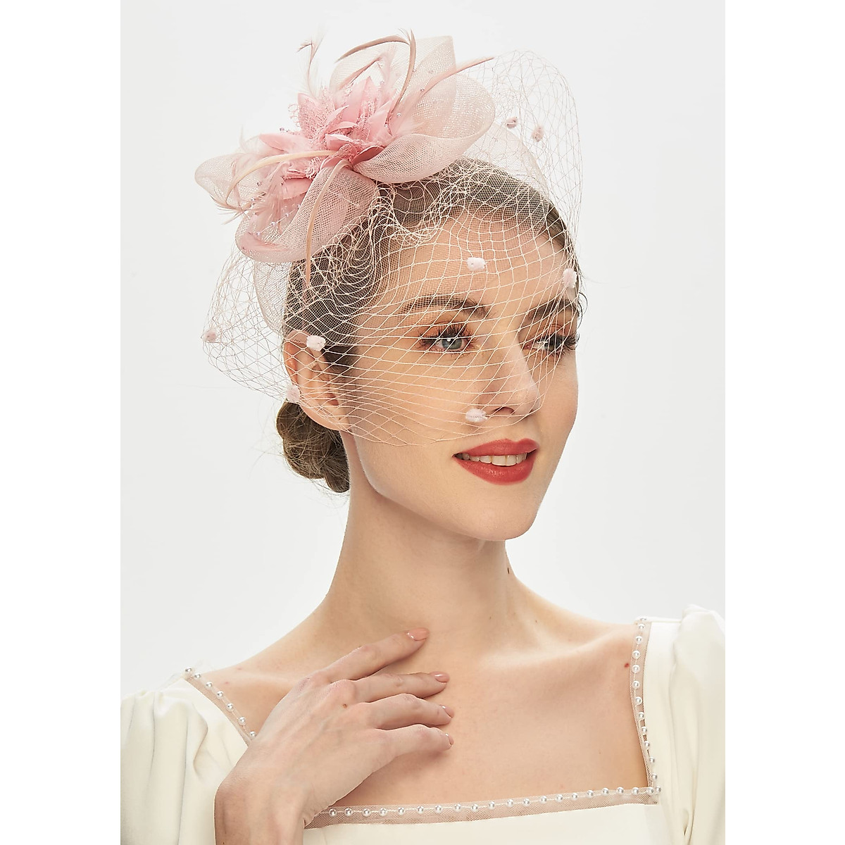 Cizoe Fascinator Hats for Women Tea Party Headband Kentucky Derby Wedding Flower Mesh Veil Fascinator (A-blush pink)