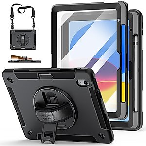 Case for iPad 10th Generation 2022:Miesherk Stock Military Grade Shockproof Rugged Case for iPad 10th Gen 10.9'' W/Screen Protector，Rotate Stand，Handle，Shoulder Strap，Pen Holder （Black）