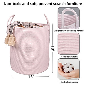 XUANGUO Cotton Rope Laundry Basket Hamper for Girls Kids Baby Nursery Hamper Bin Woven Storage Basket for Living Room Girls room Boho Tall Rope Baskets for Blanket Toys Large light pink
