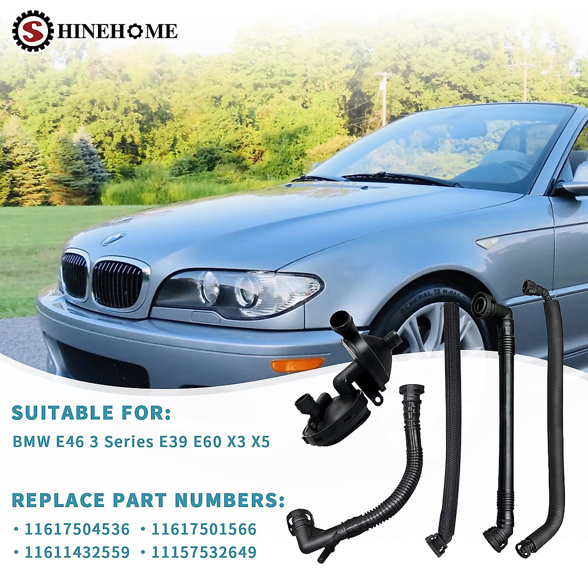 Crankcase Ventilation Valve Oil Separator Hose Compatible with BMW E46 E60 E39 X3 X5 320i, 323i, 325, 325i 328i, 330i, 525i, 528i CCV PCV Valve Ventilation Separator 5 Piece Value Kit 11611432559