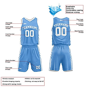 Custom Reversible Basketball Jersey for Men Women Adult Youth Print Name Number Logo (Light Blue-White)