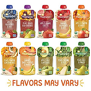 Happy Baby Organics Stage 2 Baby Food Pouches, Gluten Free, Vegan & Healthy Snack, Clearly Crafted Fruit & Veggie Puree, Fruit & Veggie Variety Pack, 4 Ounces (Pack of 10)