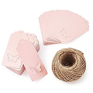 MegaPet 100pcs Pink Kraft Paper Gift Tags Printable Blank Hang Labels with 131 Feet Hanging String for Wedding Holiday Party Favors 3.54"x1.59" (9x4.05cm)