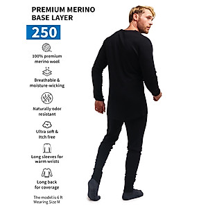 Merino.tech Merino Wool Base Layer Mens Set - Midweight Merino Wool Thermal Underwear For Men Top, Bottom (Medium, 250 Black)