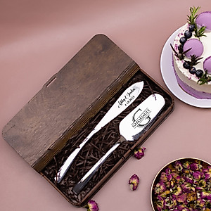 Personalized Cake Server Set Elegant Cake Knife and Server in Wooden Box (optional) Wedding Cake Knife Cutting Set Pie Cutter & Spatula for Birthday Anniversary Bridal Shower (Style 1)