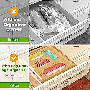 Mchenxin 5 in 1 Wrap Dispenser with Cutter and Labels,Bamboo Ziplock Bag,Plastic Wrap, Aluminum Foil and Wax Paper Dispenser for Kitchen Drawer, Bamboo Roll Organizer Holder