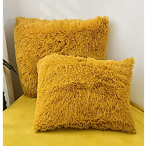 MorroMorn Shaggy Throw Pillow Covers, Luxury Long Faux Fur Decorative Pillows Shams, Square Pillow Cases Set, Pack of 2 Cushion Cover for Bed Couch Soft Fluffy Shaggy Room Decor (Mustard Yellow)