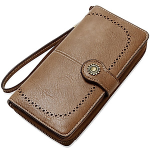 TFKGS Wallet for Women RFID Blocking Leather Large Capacity Card Holder Ladies Phone Clutch Travel Long Purse Wristlet Brown