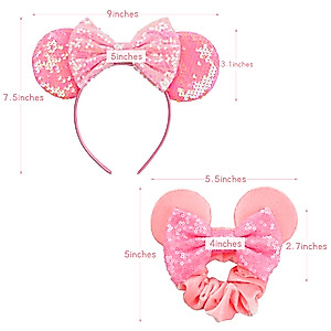 2Pcs Shiny Mouse Ears Headband an2Pcs Sequin Mouse Ears Velvet Scrunchies with Bow Hairs Accessories for Girls Women Adult Kids Birthday Party (Red and pink)
