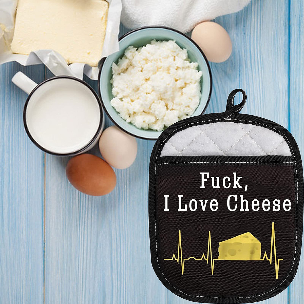 LEVLO Funny Oven Mitt with Hot Pads Cheese Lover Gifts F*ck I Love Cheese Pot Holder for Friend Family (I Love Cheese)