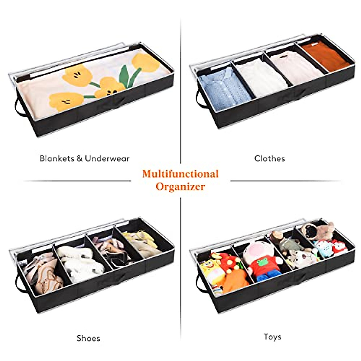 Lifewit 2 Pack Under Bed Storage Containers, Bundle with 4 Pack 35L Clothes Storage Bags, Black