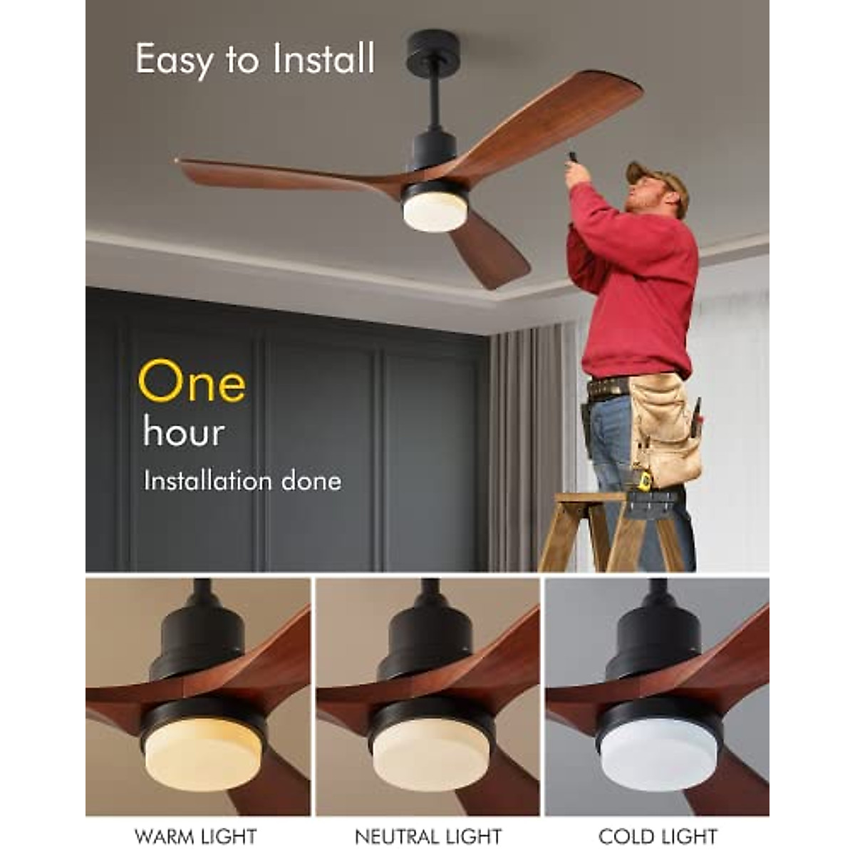 Chriari Ceiling Fans with Lights, 3 Wood Fan Blades, 52" Black Modern Ceiling Fan with Remote Control, Noiseless Reversible DC Motor for Bedroom/Living Room/Study/Patio