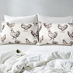 Feelyou Chicken Rooster Duvet Cover Twin Size, Cock Rooster Bedding Set for Kids Sketch StyleComforter Cover Boys Girls Farmhouse Bedspread Cover with 1 Pillow Case (No Comforter)