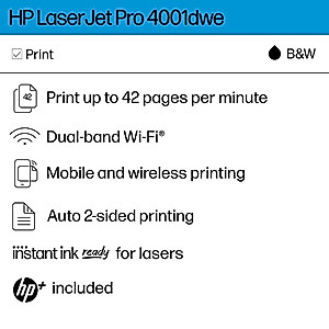 HP LaserJet Pro 4001dwe,Monochrome Wireless Black & White Printer with HP+ Smart Office Features