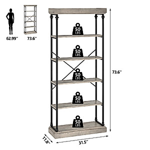 IDEALHOUSE Industrial Bookshelf Wood Bookcase 6 Tier Storage Open Rack Shelf with Metal Frame Rustic Tall Standing Bookshelves Large Grey Display Rack for Bedroom,Living Room and Home Office