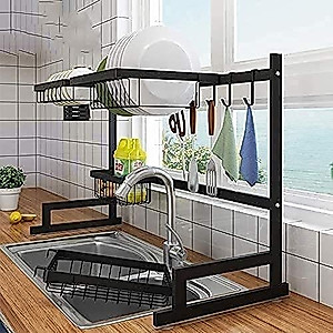 Plate Rack Dish Drainer Rack Over Sink Display Shelf Drainer Stainless Steel Kitchen Supplies Storage Shelf Utensils Holder Pan Plate Holder (Color : Black, Size : 65x32x52cm)
