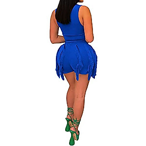 Uni Clau Women Casual Two Piece Tassels Outfits Sleeveless Tank Crop Bodysuit Solid Color High Waist Tassels Short Pants Boydcon Yoga Pants Set Blue XL