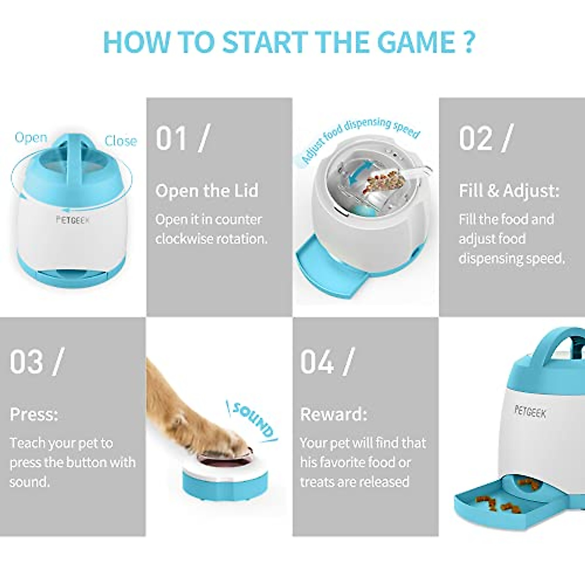 PETGEEK Automatic Dog Treat Dispenser, Dog Puzzle Memory Training Activity Toy- IQ Training Automatic Dog Cat Feeder Toy, Remote Dog Button Treat Dispenser for Dogs (Blue)