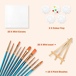 20 Pack 4x4 in Mini Canvases, Small Painting Canvas Panel with Mini Easel, Art Canvas Painting Kit with 10 Brushes & 5 Paint Tray for Kids Teenagers Acrylic Pouring Oil Water Color Gift…