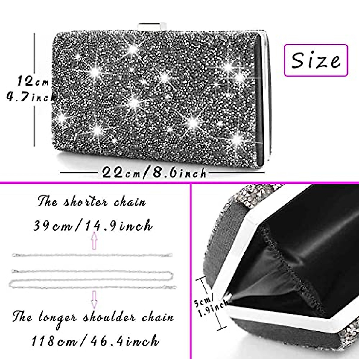 ELABEST Glitter Evening Clutch Bag Rhinestone Handbag Crossbody Purse Wedding Party Bag for Women and Girls (Single-sided black and silver crystal)